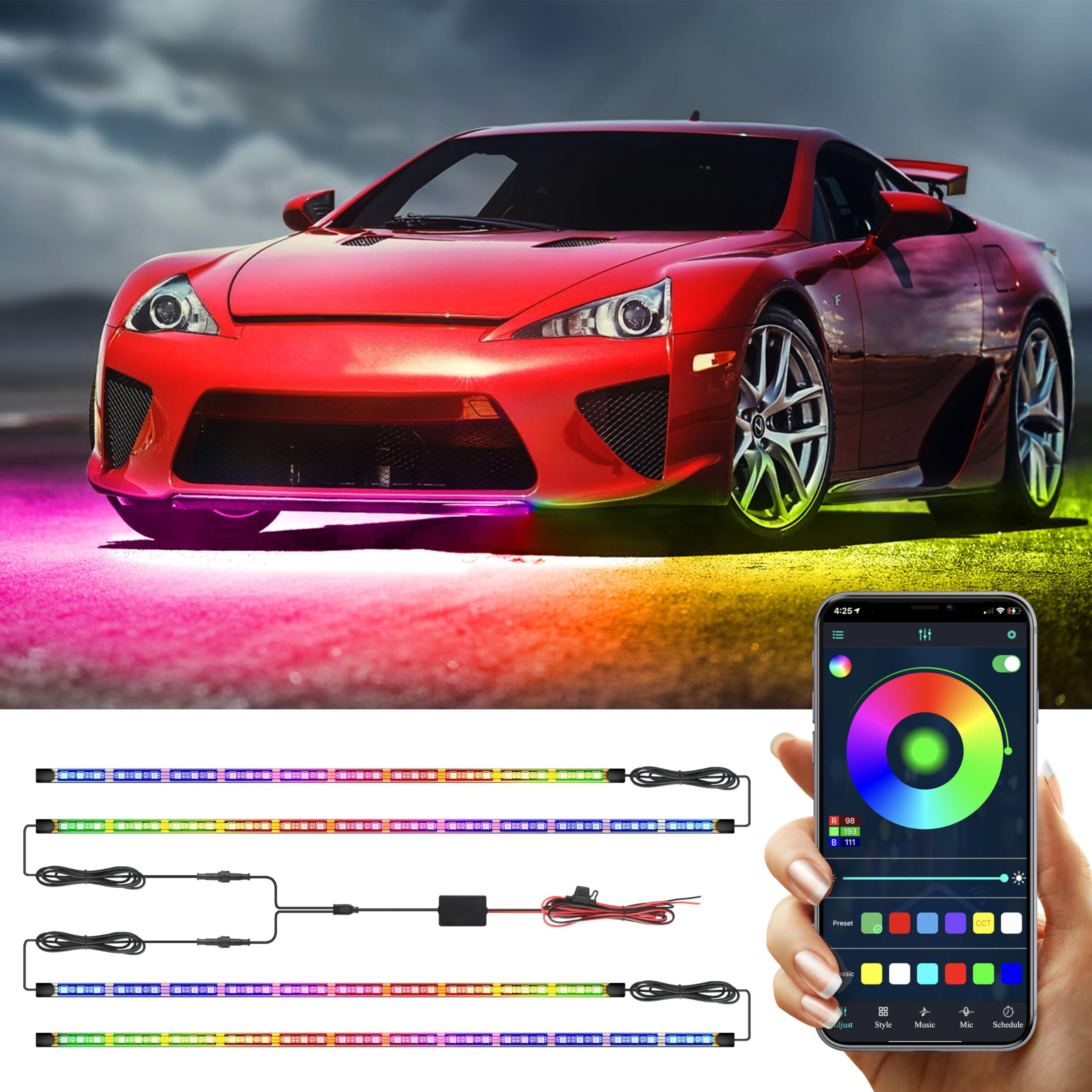 ICICAR 4 Pcs 250 LEDs Car Underglow Light Kit, APP Control 16 Million ...