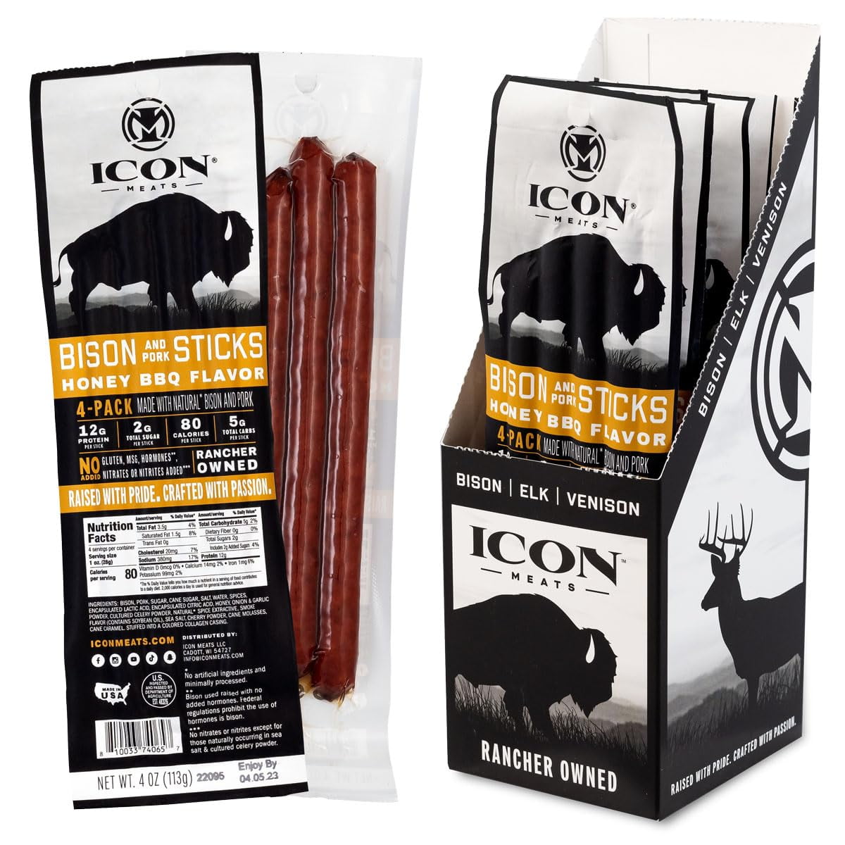 ICON Meats Bison and Pork Snack NSD3 Sticks - Honey Flavor - 6 Packs ...
