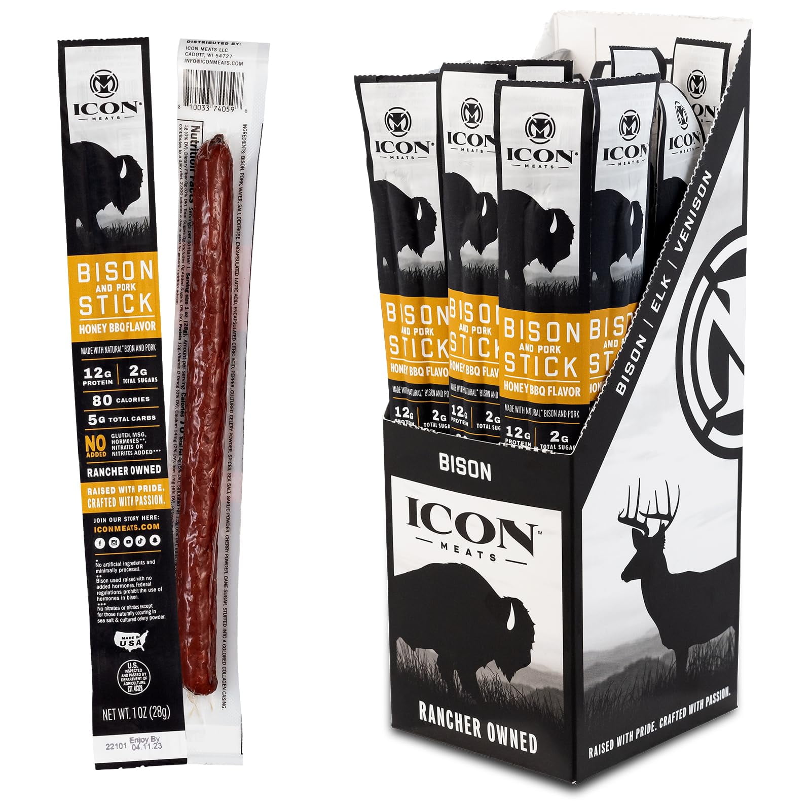 ICON Meats Bison and Pork Snack Sticks, Honey BBQ, 24 Pack of High ...