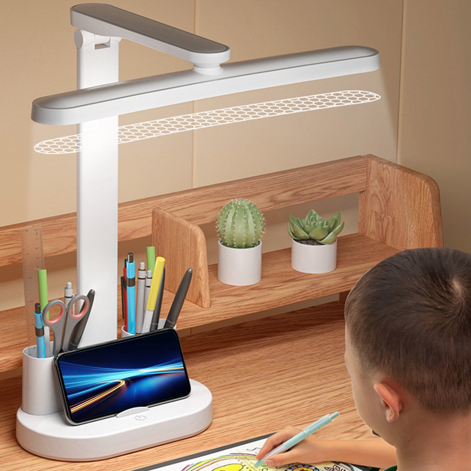 ICQOVD Desk Lamp with Pencil Clock Study office Eye Protection Desk ...