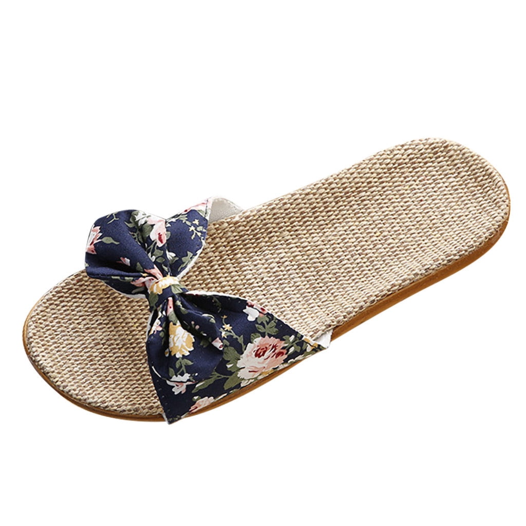 ICQOVD Women Female Bohemia Bowknot Flax Linen Flip Flops Beach Shoes ...