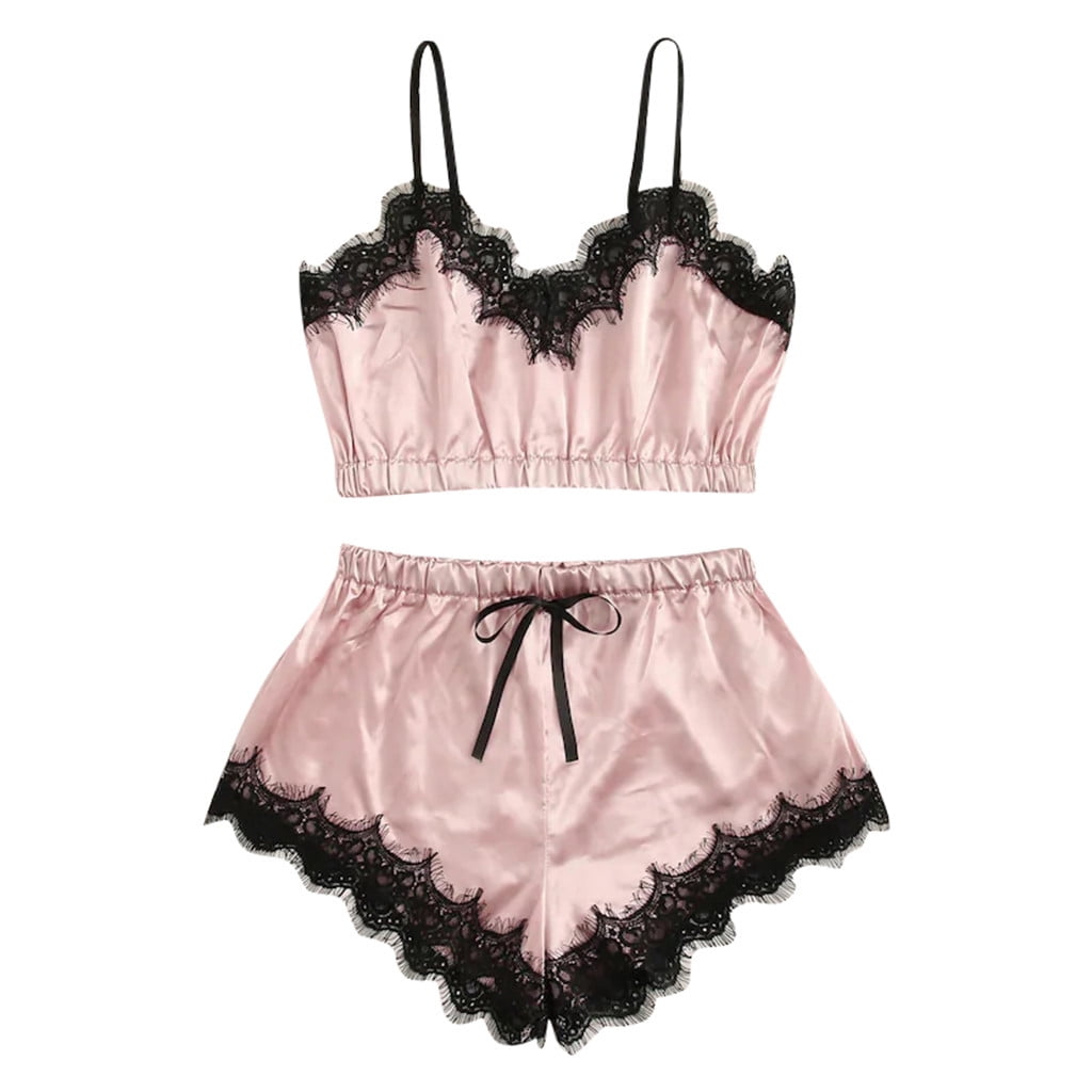 ICQOVD Women Sleepwear Sleeveless Strap Nightwear Lace Trim Satin Cami ...