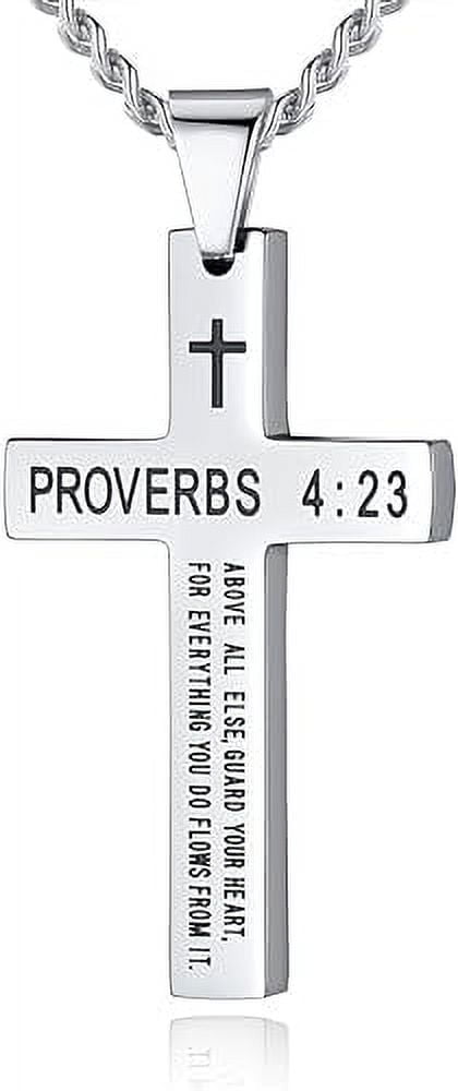 ICTPTOSL Inspirational Bible Verse Cross Necklace for Men, Stainless Steel Plain Black Silver ...