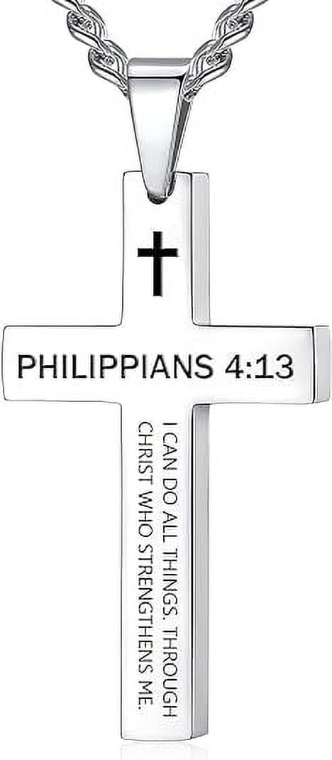 Rynsito Inspirational Bible Verse Cross Necklace for Men, Stainless Steel Plain Black Silver ...