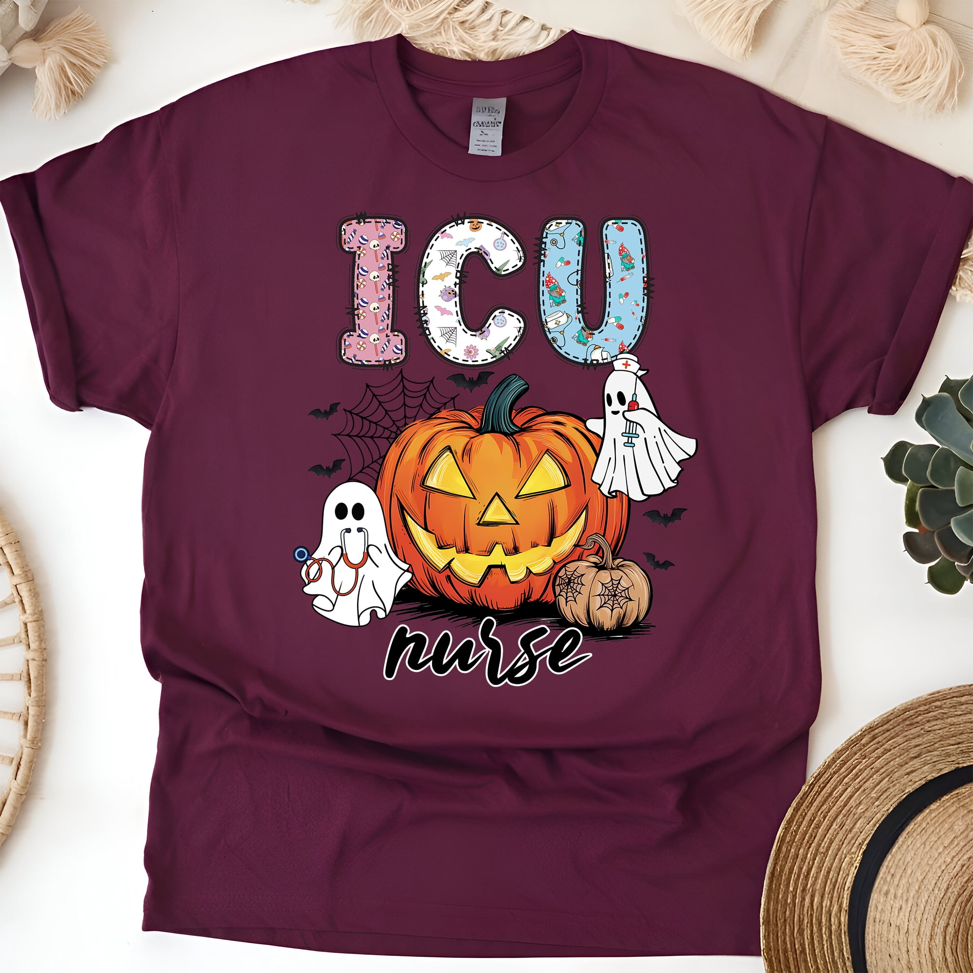 ICU Nurse Graphic T-Shirt for Women Men | Funny Medical Pumpkin Tee ...