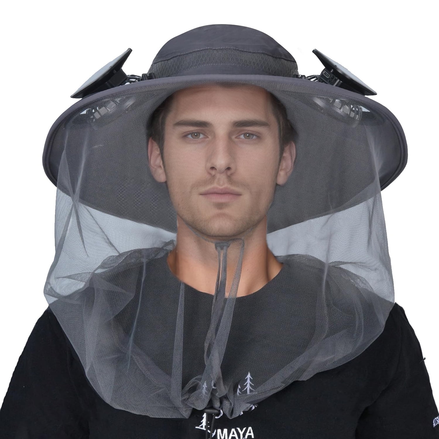 IC ICLOVER Mosquito Net Hat with Fan Built-in, Wide Brim Solar Fan Hat ...
