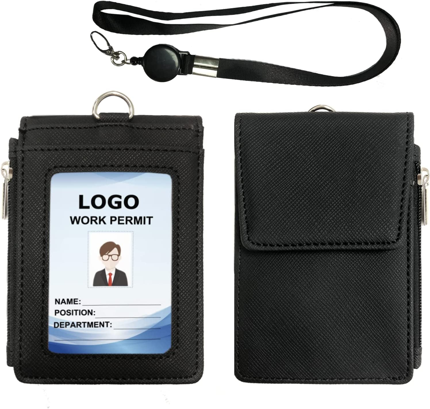 ID Badge Holder with Retractable Lanyard,Premium Leather Name Badge ...