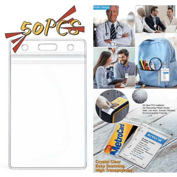 ID Card Badge Holder, Heavy Duty Clear Vinyl Plastic PVC Sleeve Cover ...