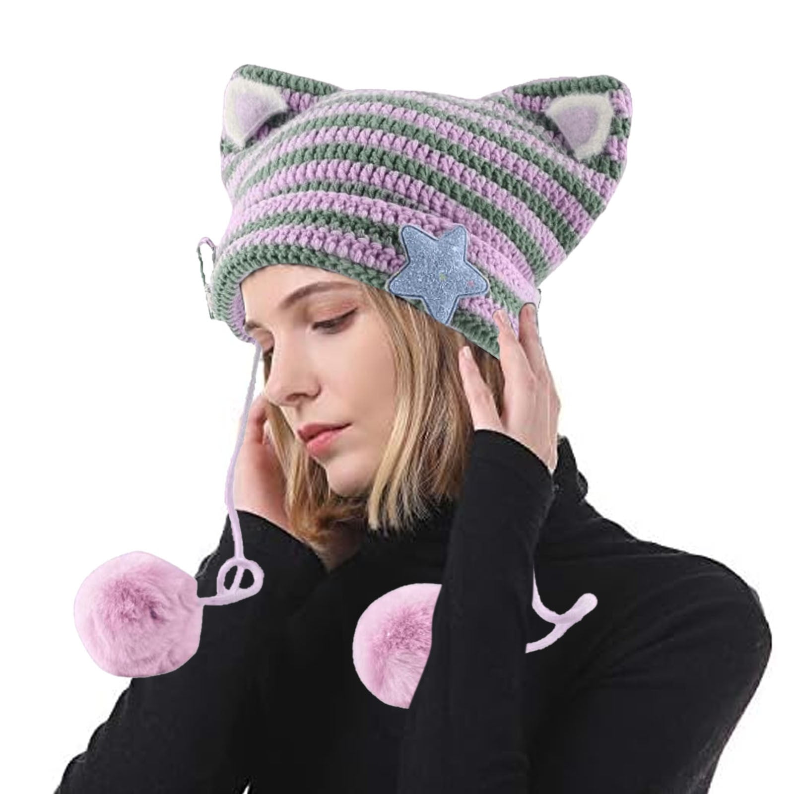 IDALL Hats for Women,Winter Hats Women Cat Ear Hat With Pom Poms Star ...