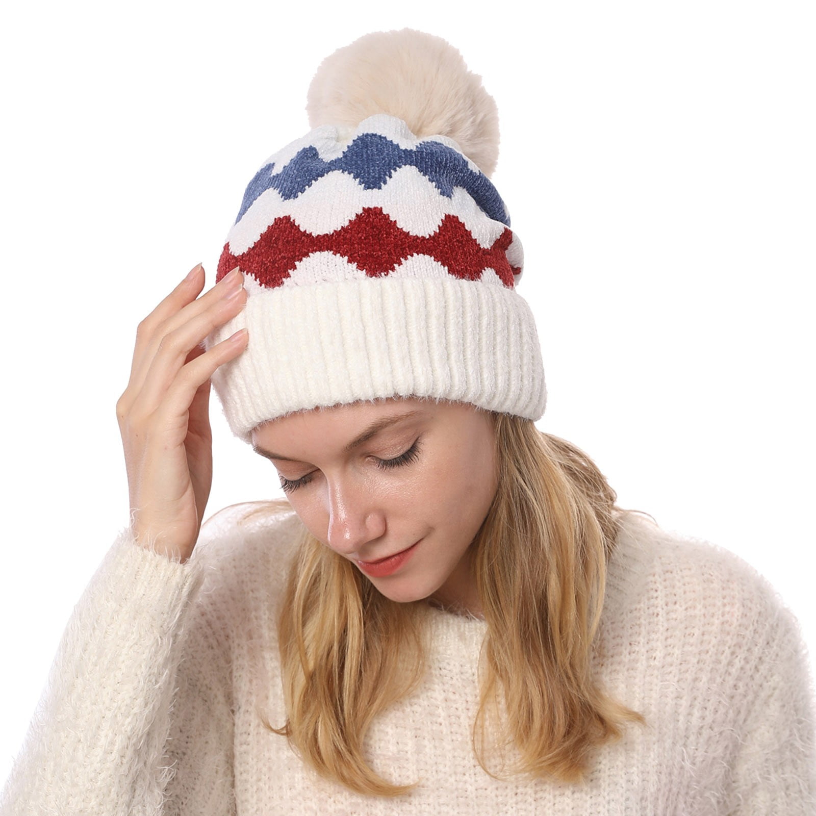 Idall Hats For Womenwinter Hats Chunky Cable Knit Faux Pom Poms Lined Ushankatrapper Hat White