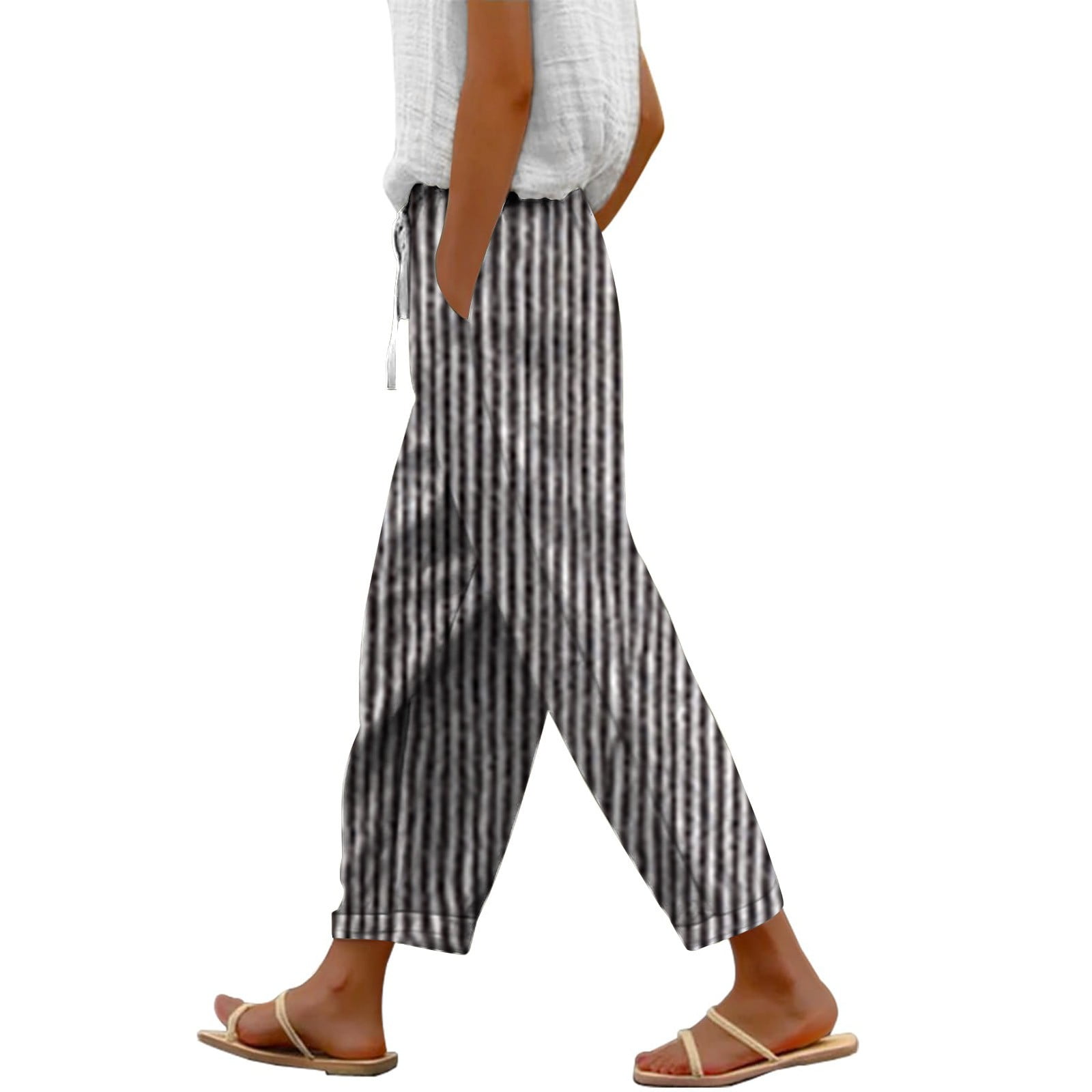 IDALL Linen Pants Women Baggy Pants Women's Floral Cropped Linen Pants Summer Elastic Waist ...