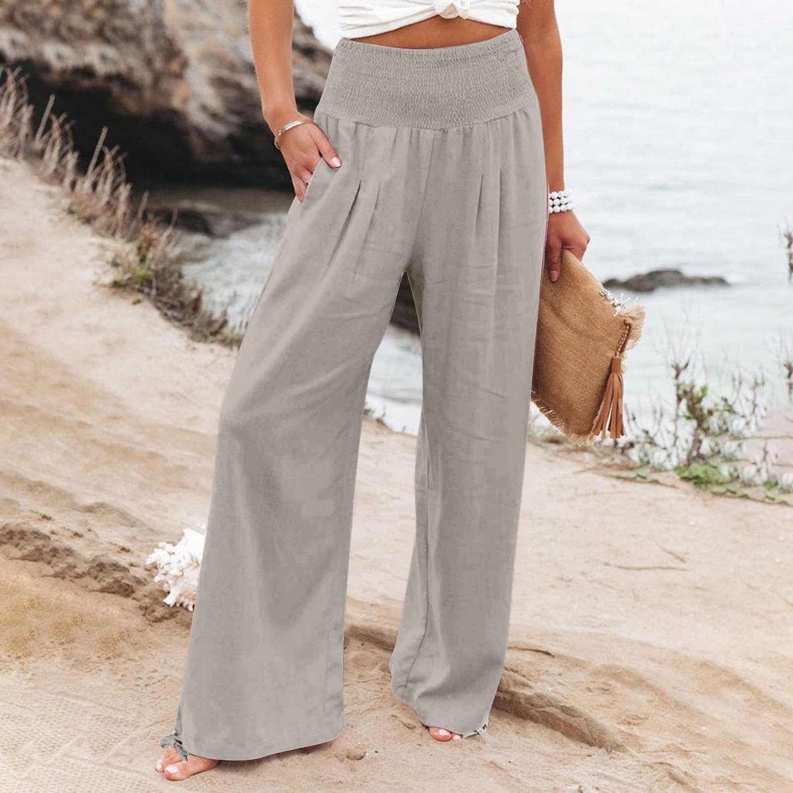 IDALL Linen Pants Women Wide Leg Pants Woman High Waist Wide Leg Prints ...