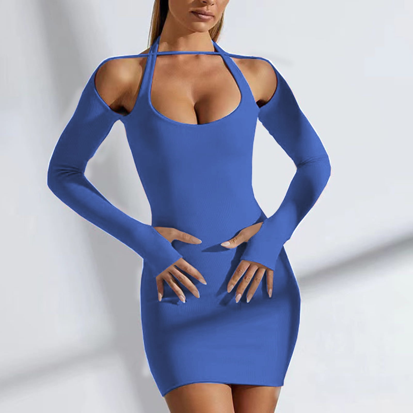 Idall Long Sleeve Dressbodycon Dresses Ladies Long Sleeve Halter Neck Fashion Dress Solid Color