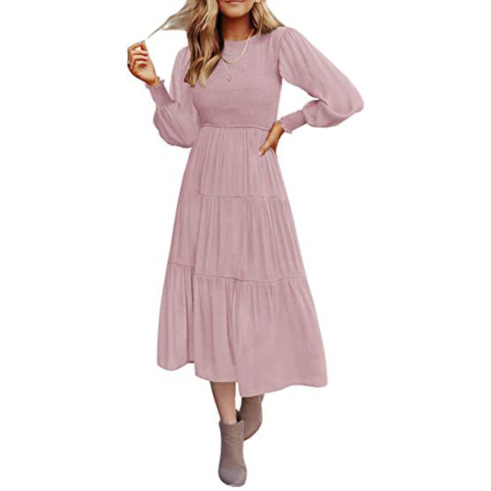 IDALL Maxi Dresses,Long Sleeve Dress Ladies Round Neck Long Sleeve ...