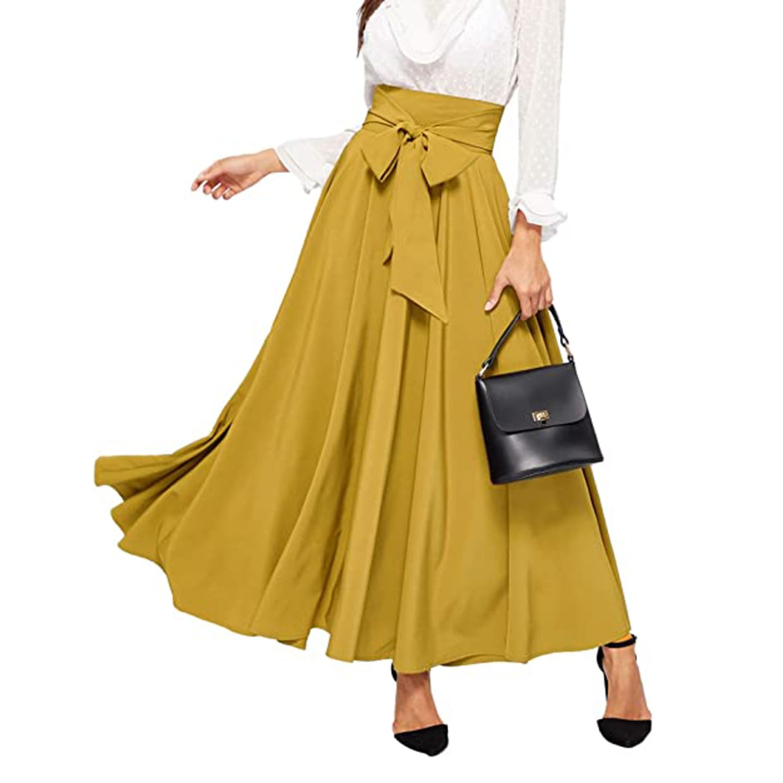 Idall Maxi Skirt Pleated Skirts Womens Elegant High Waist Skirt Tie