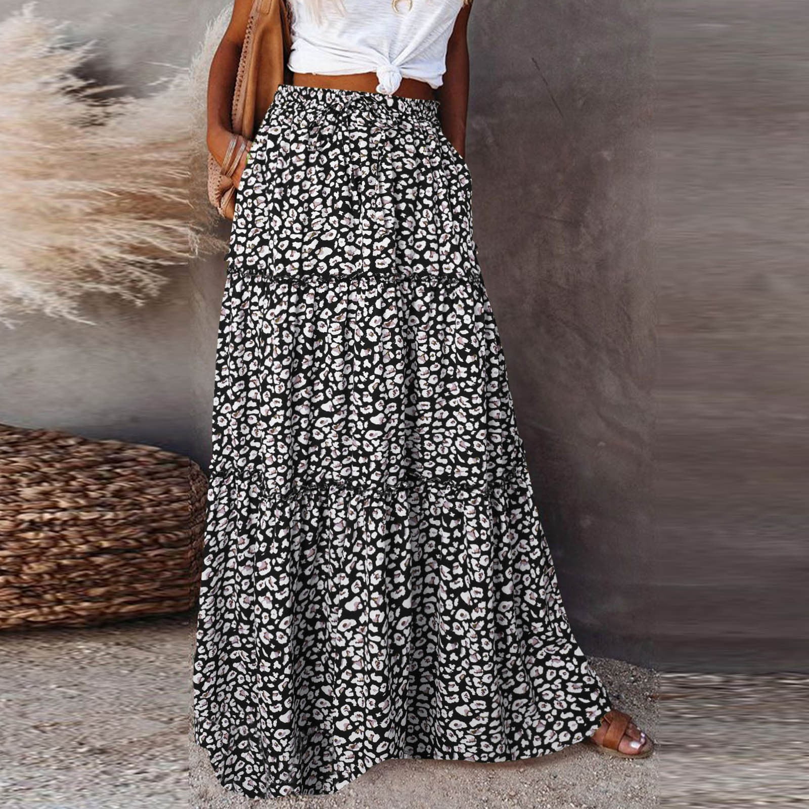Idall Maxi Skirt Pleated Skirts Womens Long Boho Flowers High Elastic
