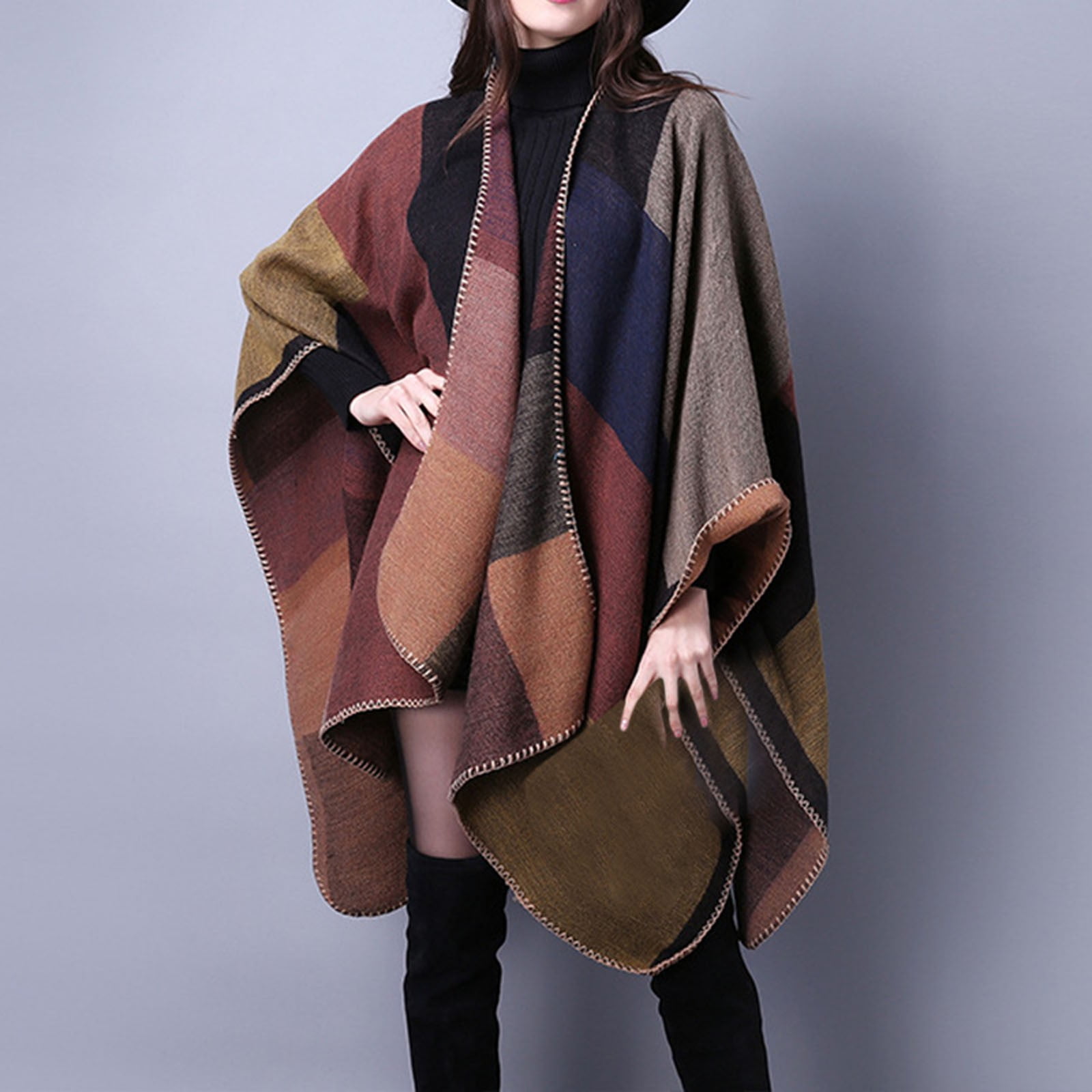 IDALL Scarf for Women,Shawl Wraps Women's Travel Plaid Shawl Wraps Open Front Poncho Cape Warm ...