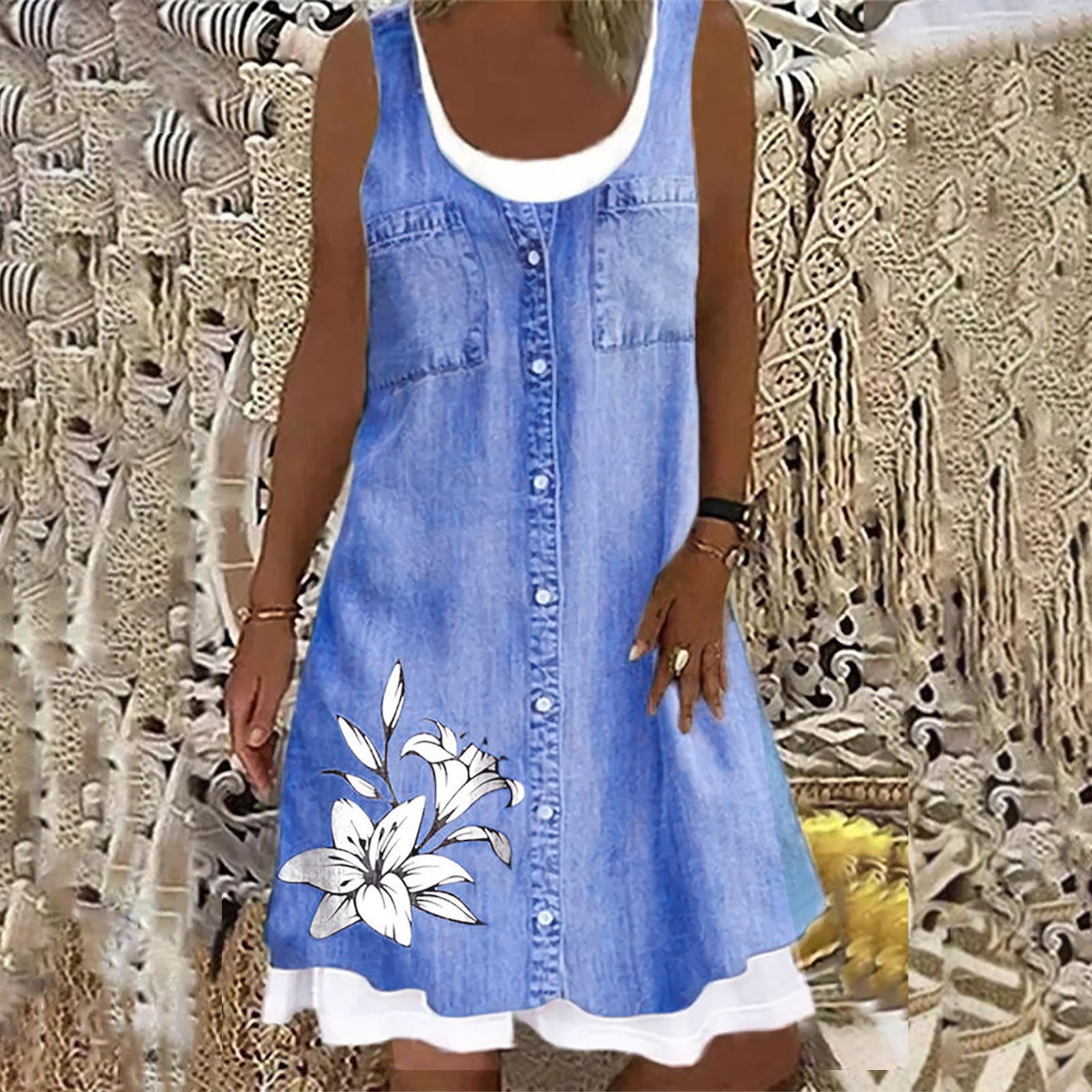 IDALL Summer Dresses,Denim Dress Womens Summer Dress Sleeveless Floral ...