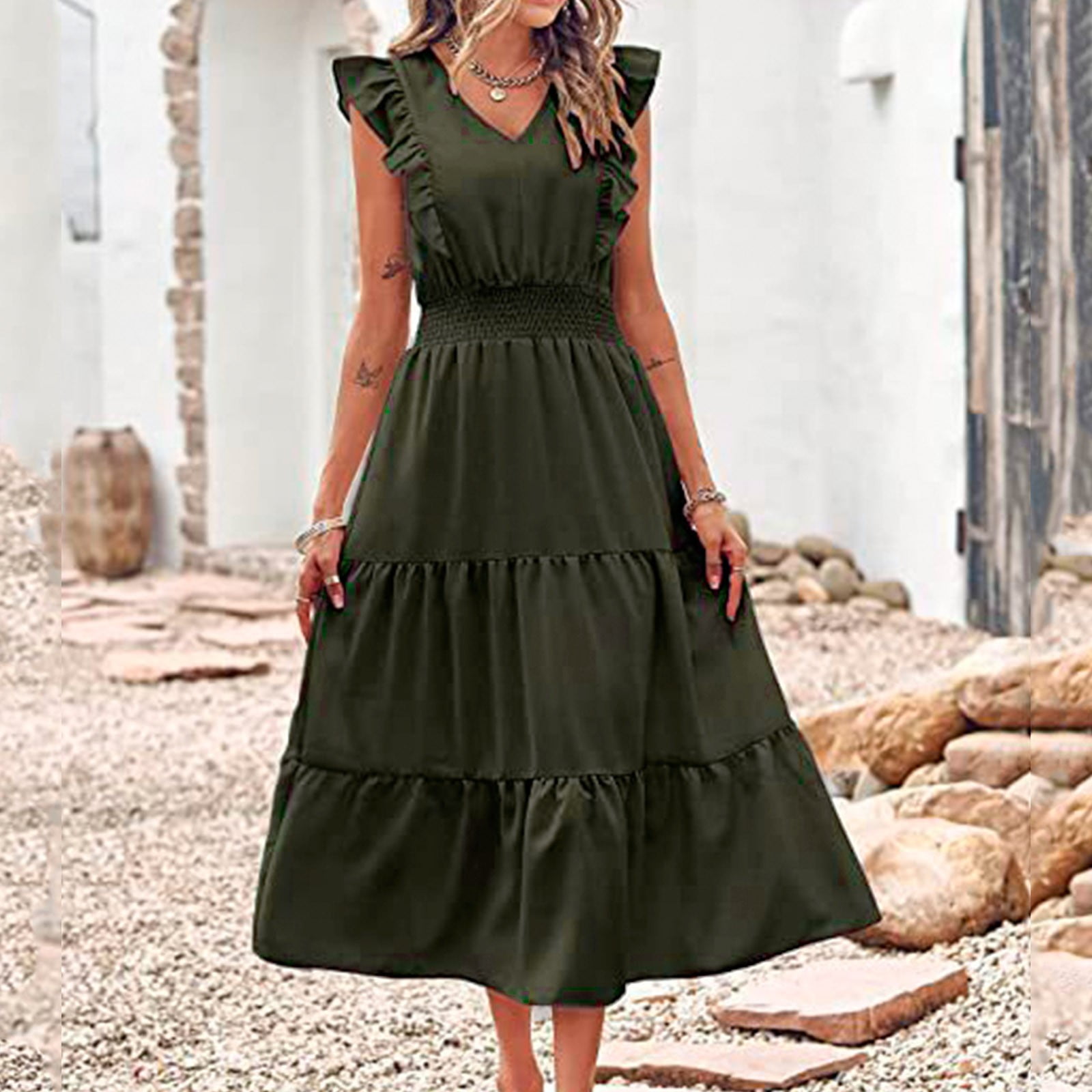 IDALL Summer Dresses,Maxi Dresses Ruffle Trim Sleeveless Maxi Long ...