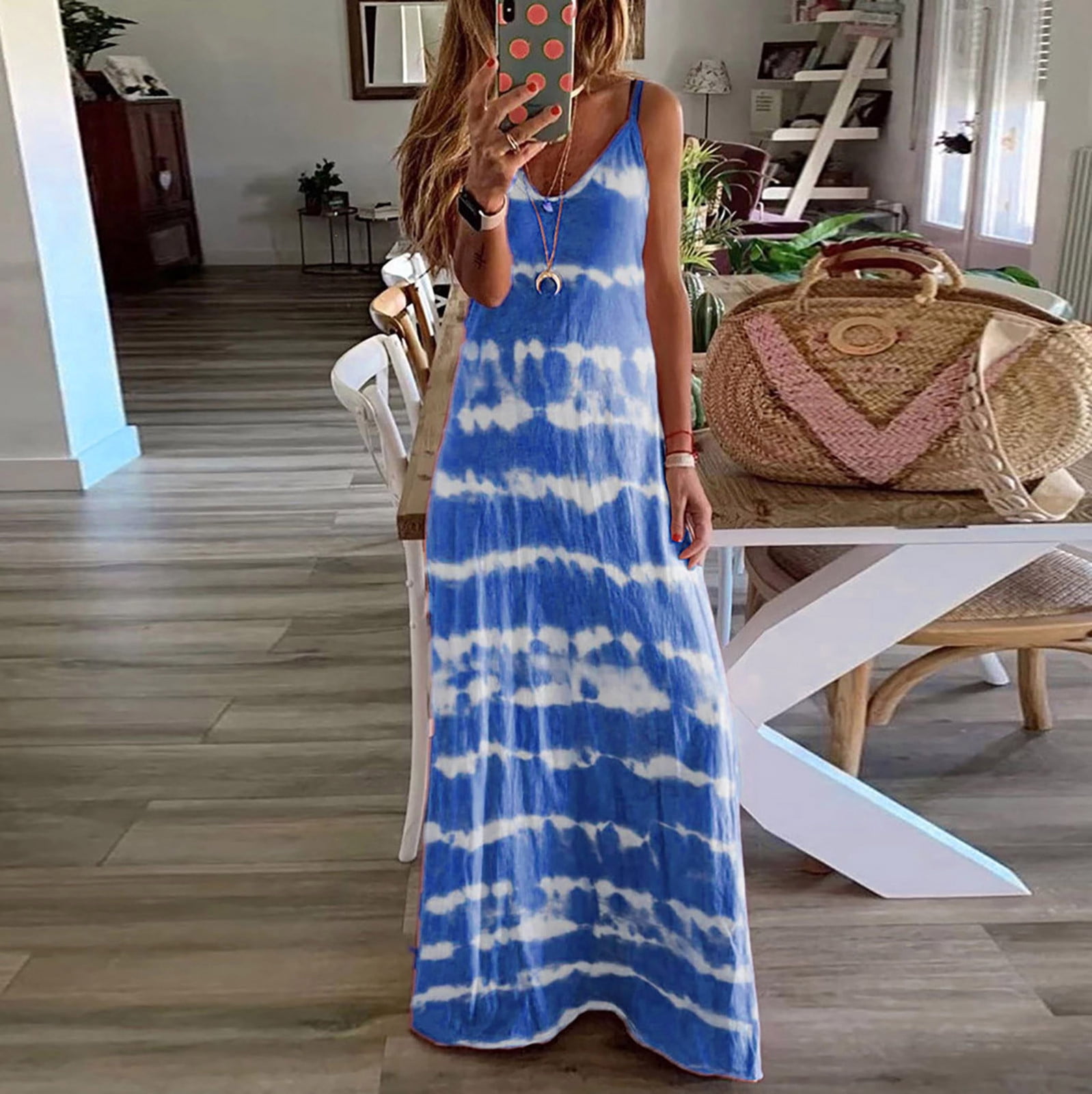 Idall Summer Dresses Maxi Dresses Women Round Neck Sleeveless Gradient