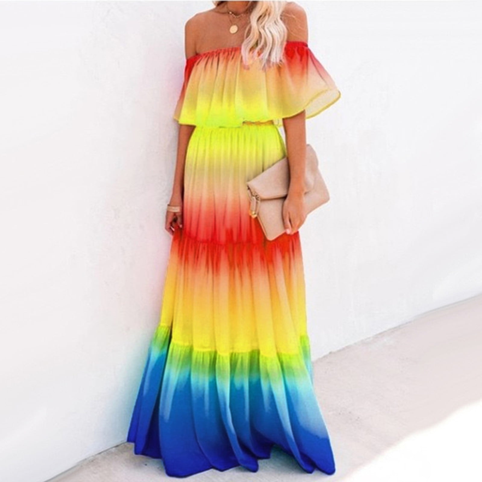 Idall Summer Dresses Maxi Dresses Womens Fashion Rainbow Off Shoulder