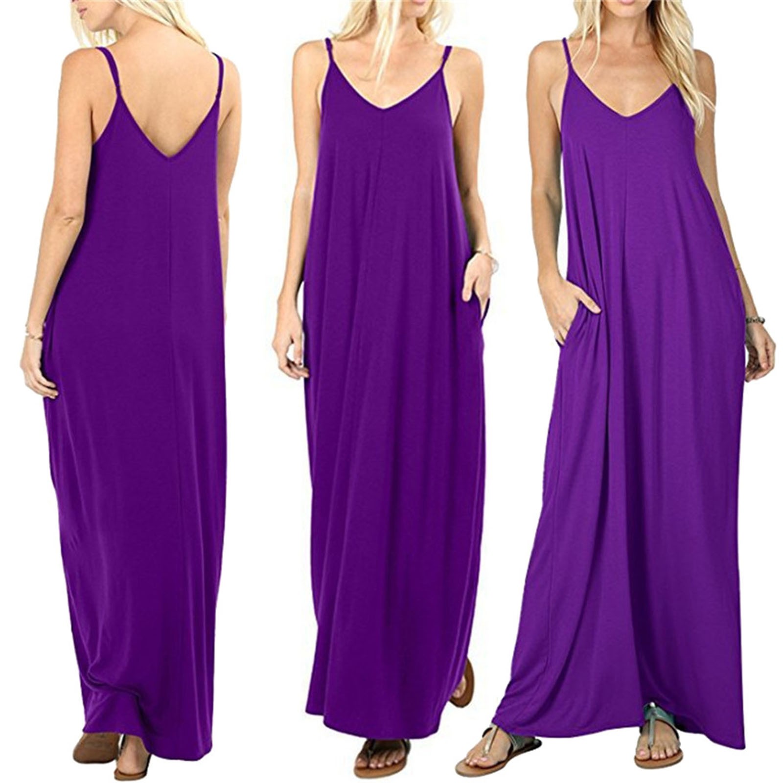 IDALL Summer Dresses,Maxi Dresses Women's Solid Color Loose Pocket Long ...