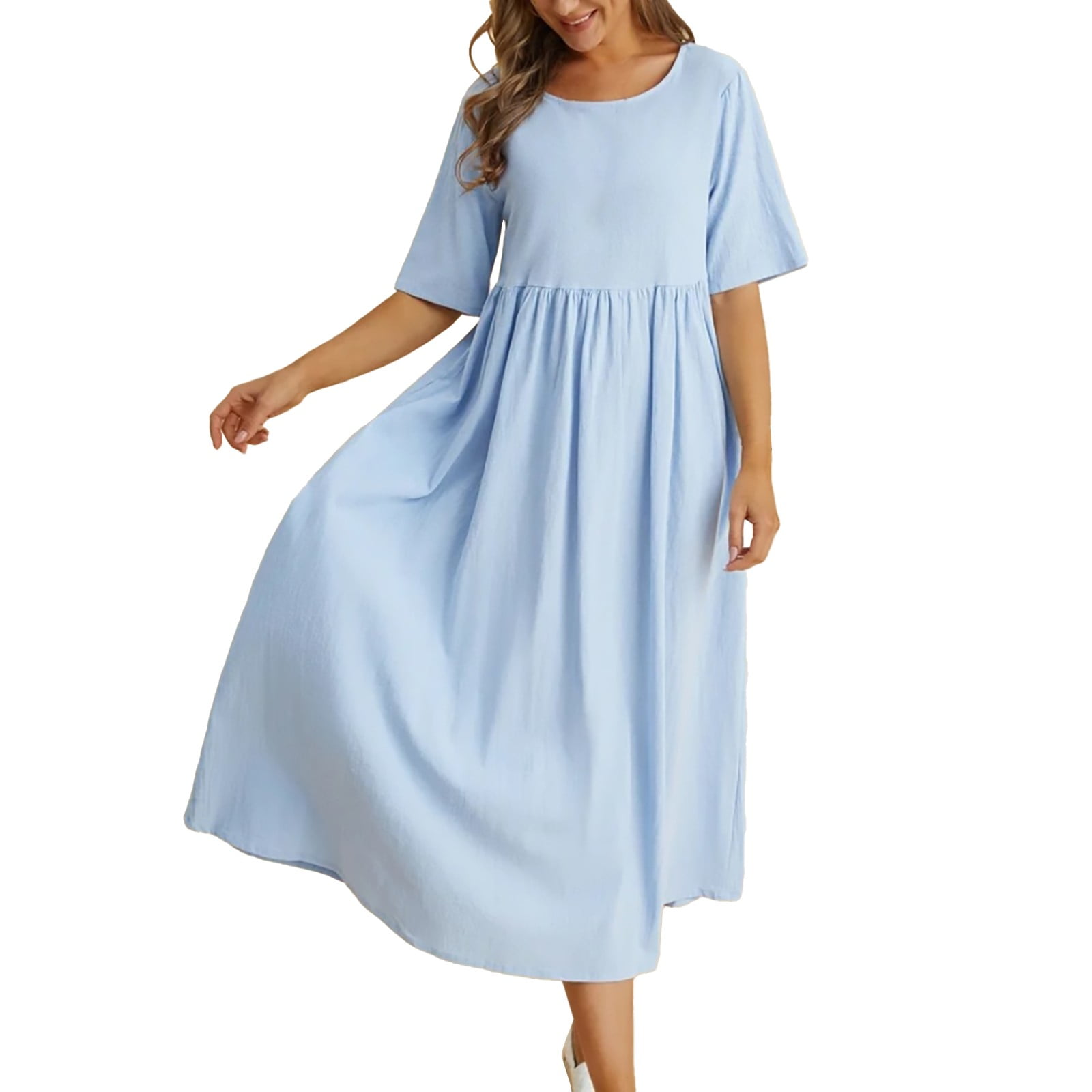 IDALL Summer Dresses,Petite Dresses Loose Cotton And Linen Round Neck ...