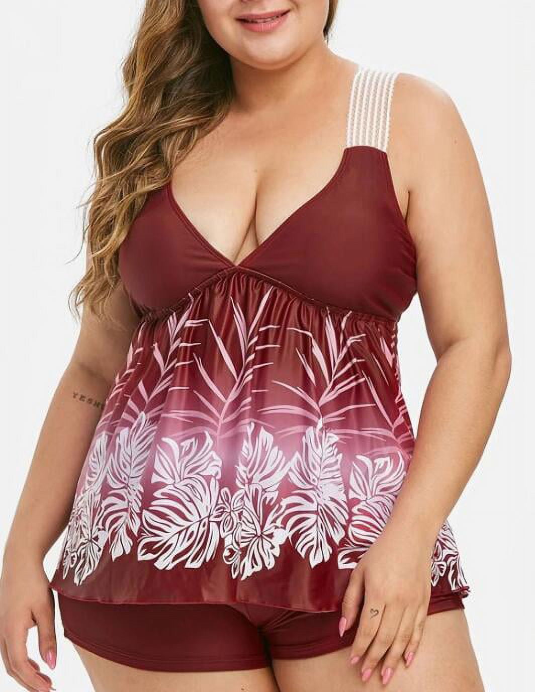 Idall Tankini Swimsuits Bathing Suit Leaves Print Lace Straps Tankini