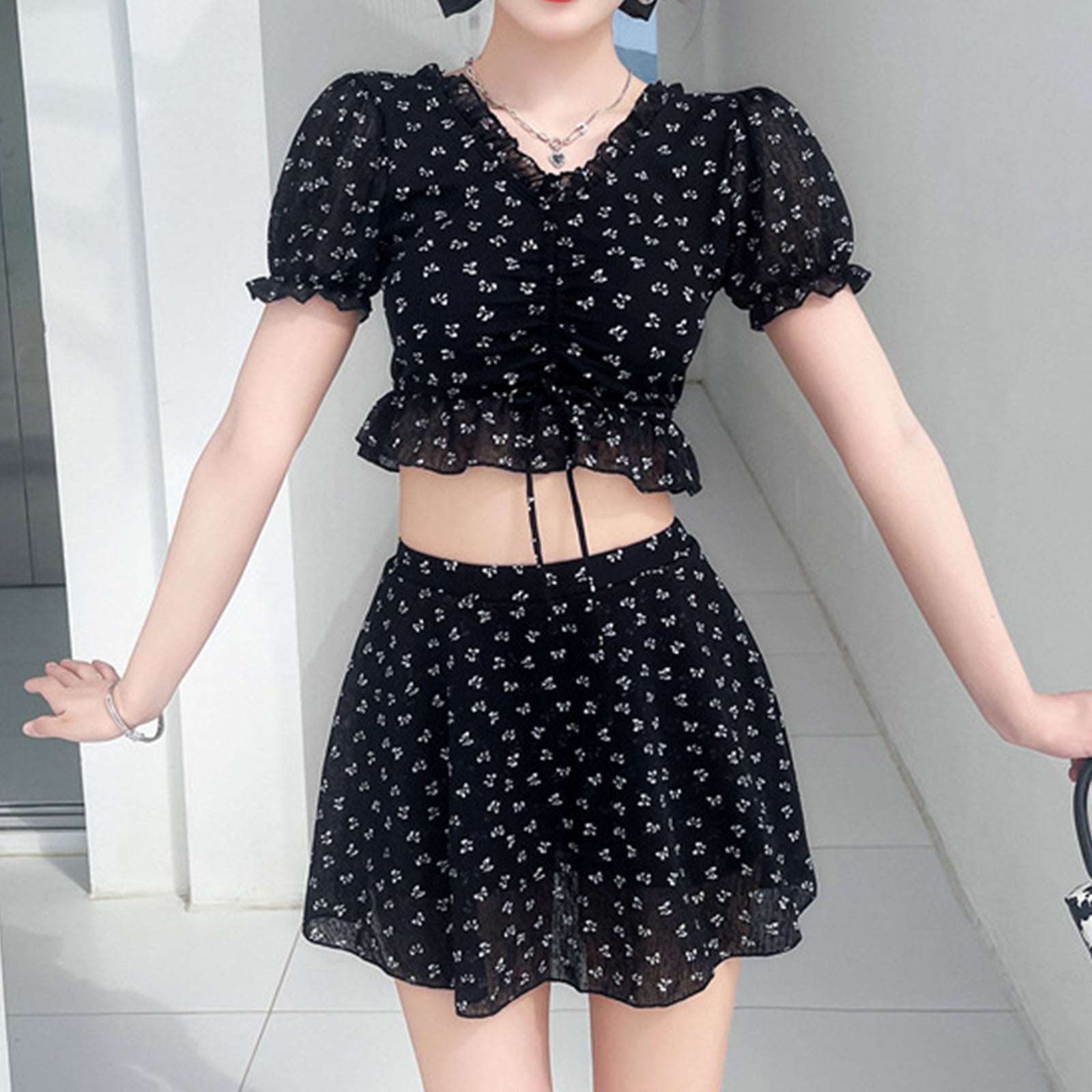 IDALL Tankini Swimsuits Bathing Suit Summer Ladies Puff Sleeve Mesh ...