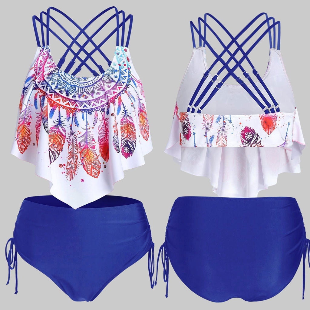 Idall Tankini Swimsuitsbathing Suit Women Feather Print Push Up Padded Overlay Flounce