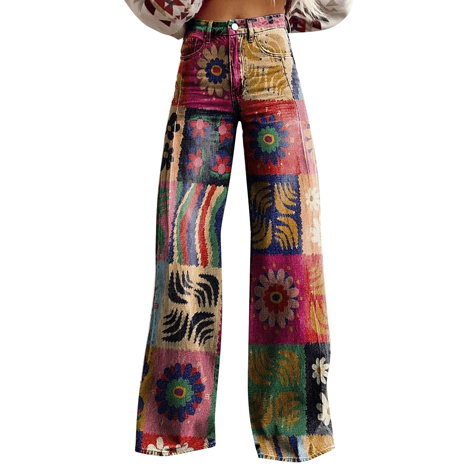 IDALL Womens Jeans Barrel Jeans Wide Leg Pants Woman High Waist Floral ...