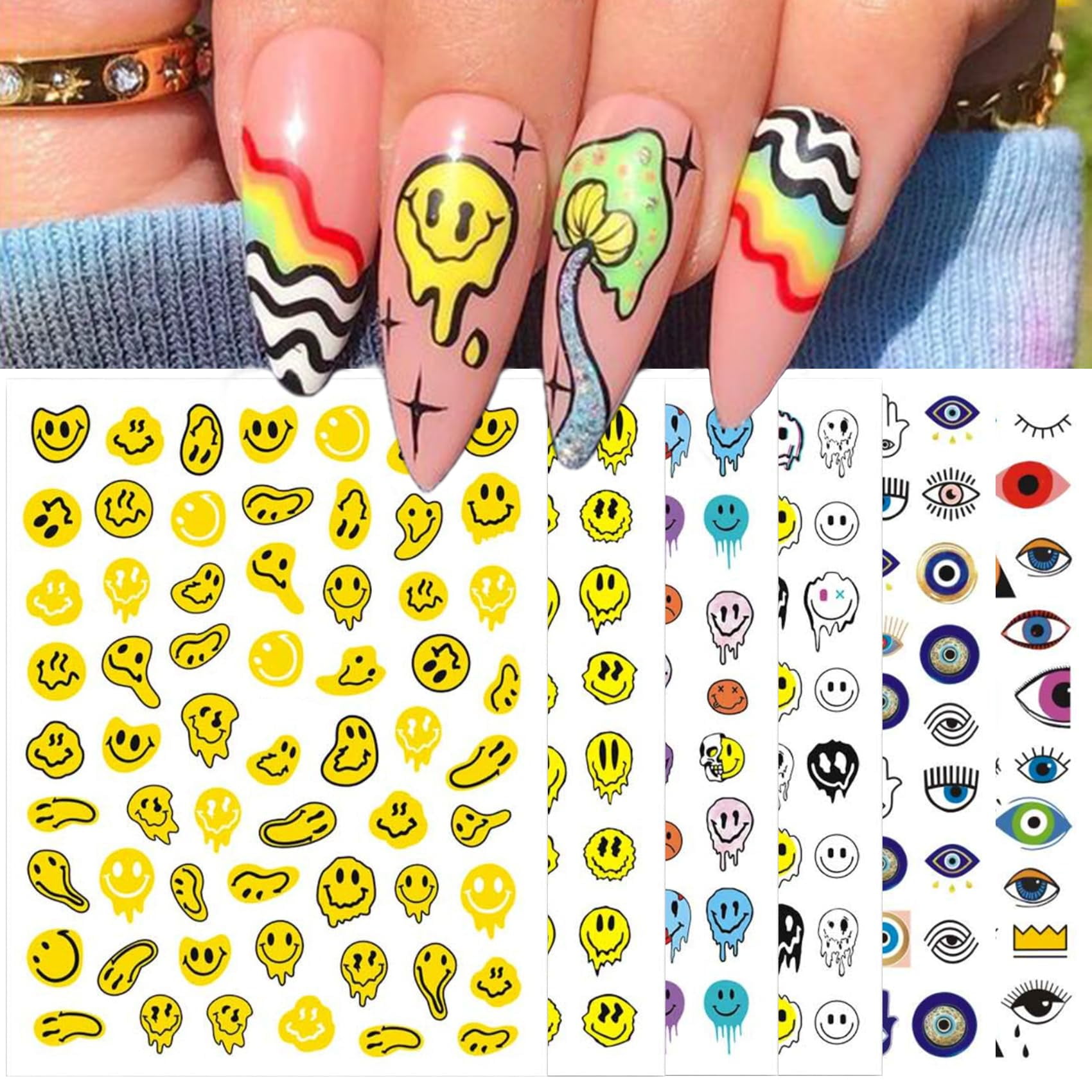 IDDFEVE 12 Sheets Abstract Smiling Face & Evil Eye Nail Art Stickers ...