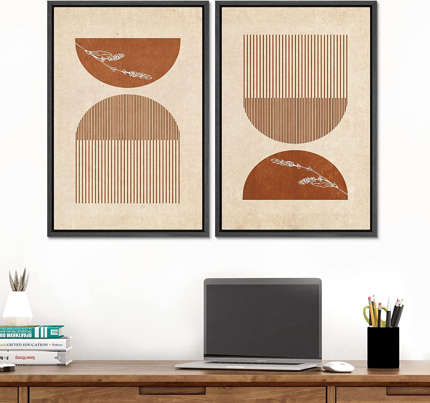 IDEA4WALL 2 Panels Framed Canvas Print Wall Art Set Red Retro Geometric ...