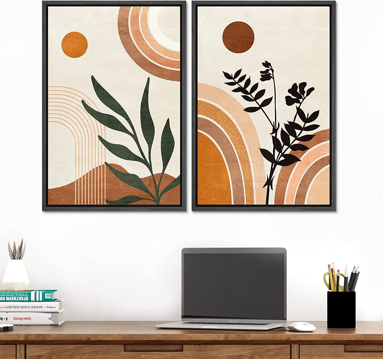 IDEA4WALL 2 Panels Framed Canvas Print Wall Art Set Retro Vintage Mid-Century Forest Plants ...