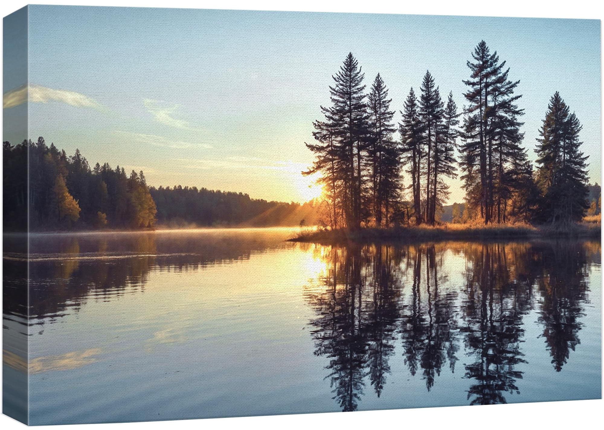 IDEA4WALL Adhesive Canvas Print Wall Art Tranquil Sunrise over Reflective Lake with Pine Trees ...