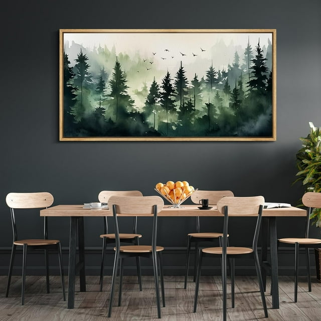 IDEA4WALL Extra Large Framed Canvas Print Wall Art Misty Forest Watercolor Tranquil Pine Trees ...