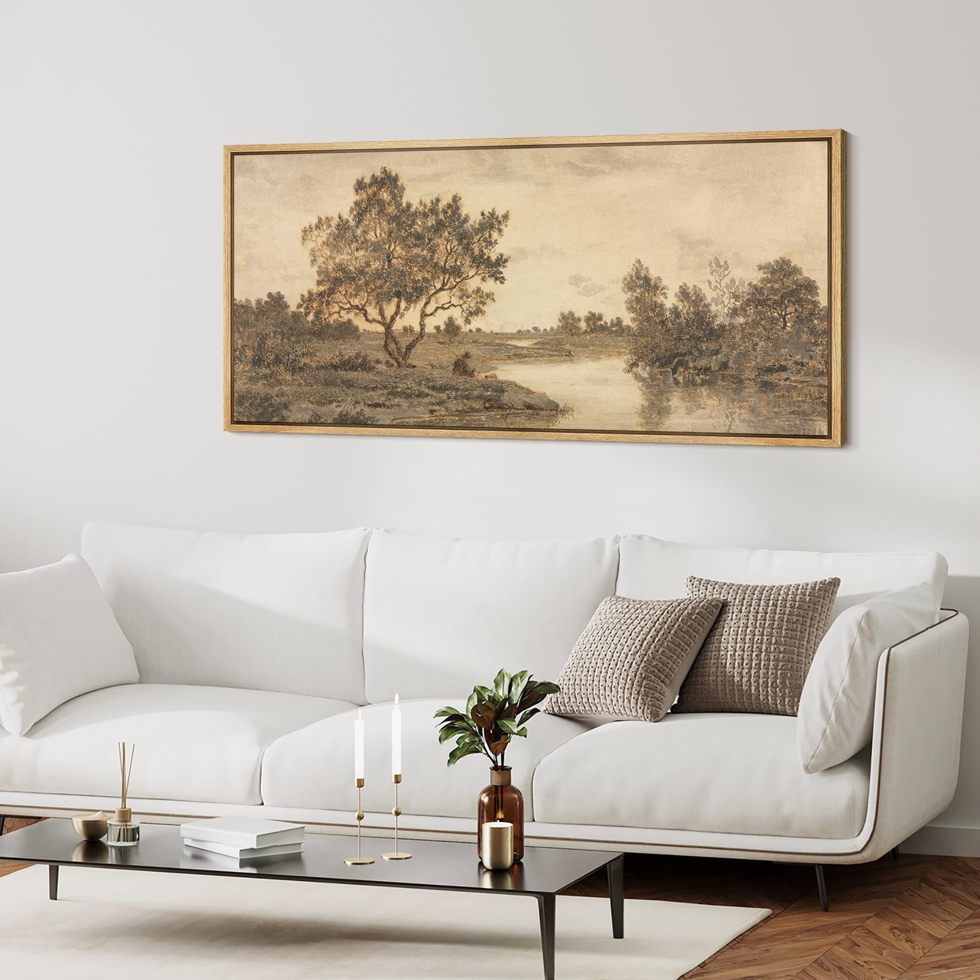 IDEA4WALL Extra Large Framed Canvas Print Wall Art Misty Riverbank with ...