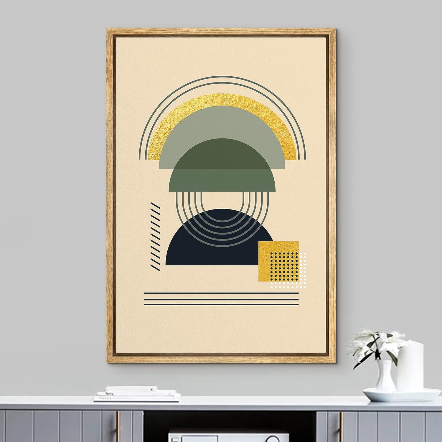 IDEA4WALL Frame Wall Art Geometric Gold & Green Semi Circles Line Art ...
