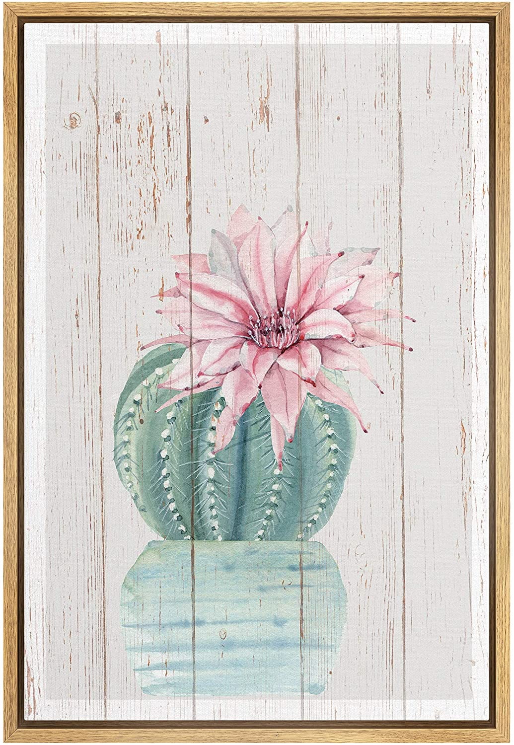IDEA4WALL Framed Canvas Art Wall Decor Green Cactus with Pink Flower ...