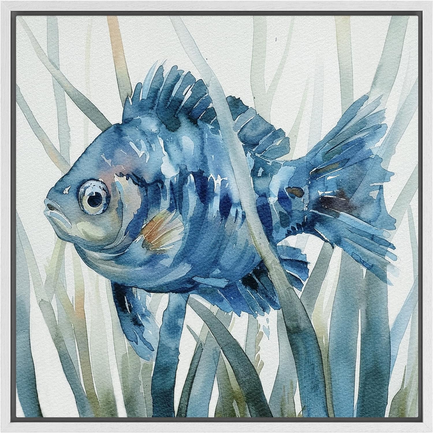 IDEA4WALL Framed Canvas Print Wall Art Blue Fish Shuttle Among Aquatic ...