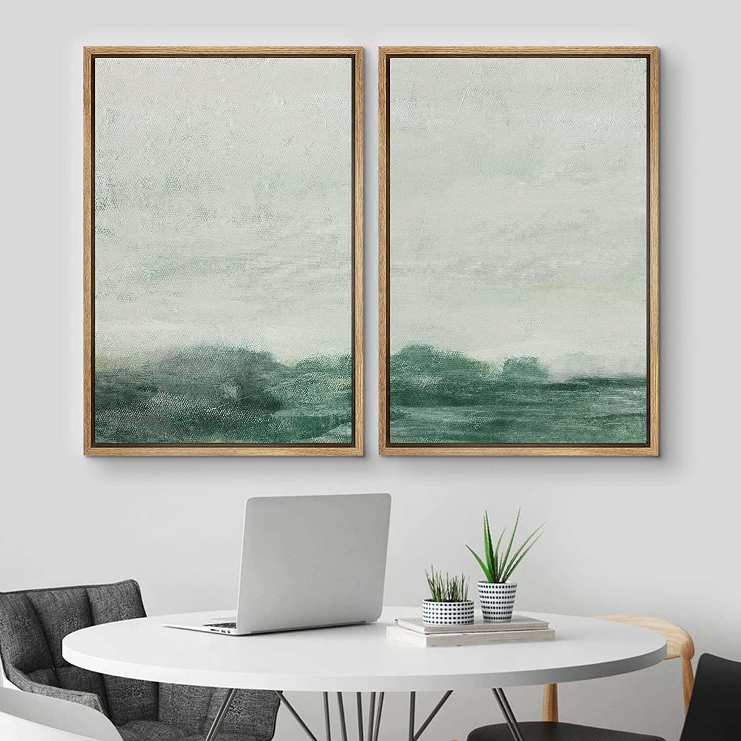 IDEA4WALL Framed Canvas Print Wall Art Set of 2 Watercolor Pastel Green ...