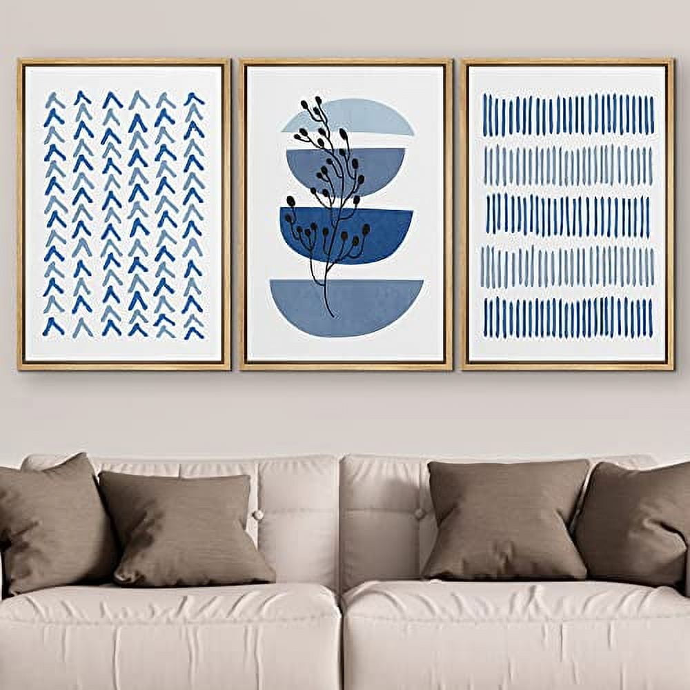 IDEA4WALL Framed Canvas Print Wall Art Set of 3 1960s Mid-Century Blue Polygons & Plant Abstract ...