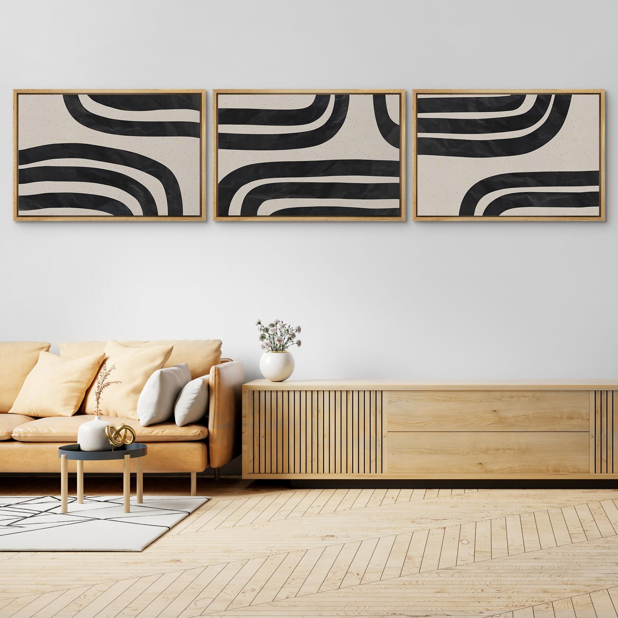 IDEA4WALL Framed Canvas Print Wall Art Set of 3 Abstract Black & Tan ...