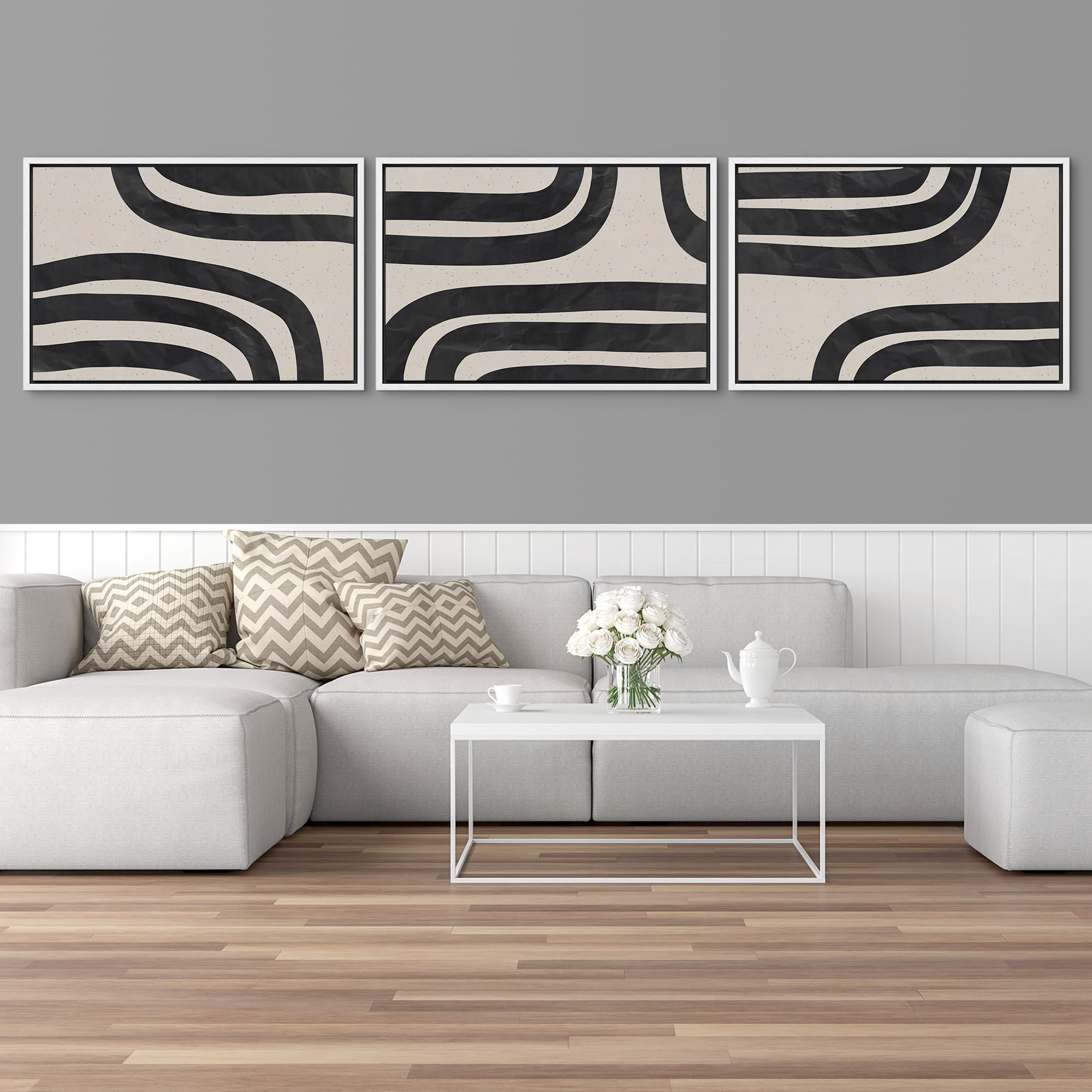 IDEA4WALL Framed Canvas Print Wall Art Set of 3 Abstract Black & Tan ...