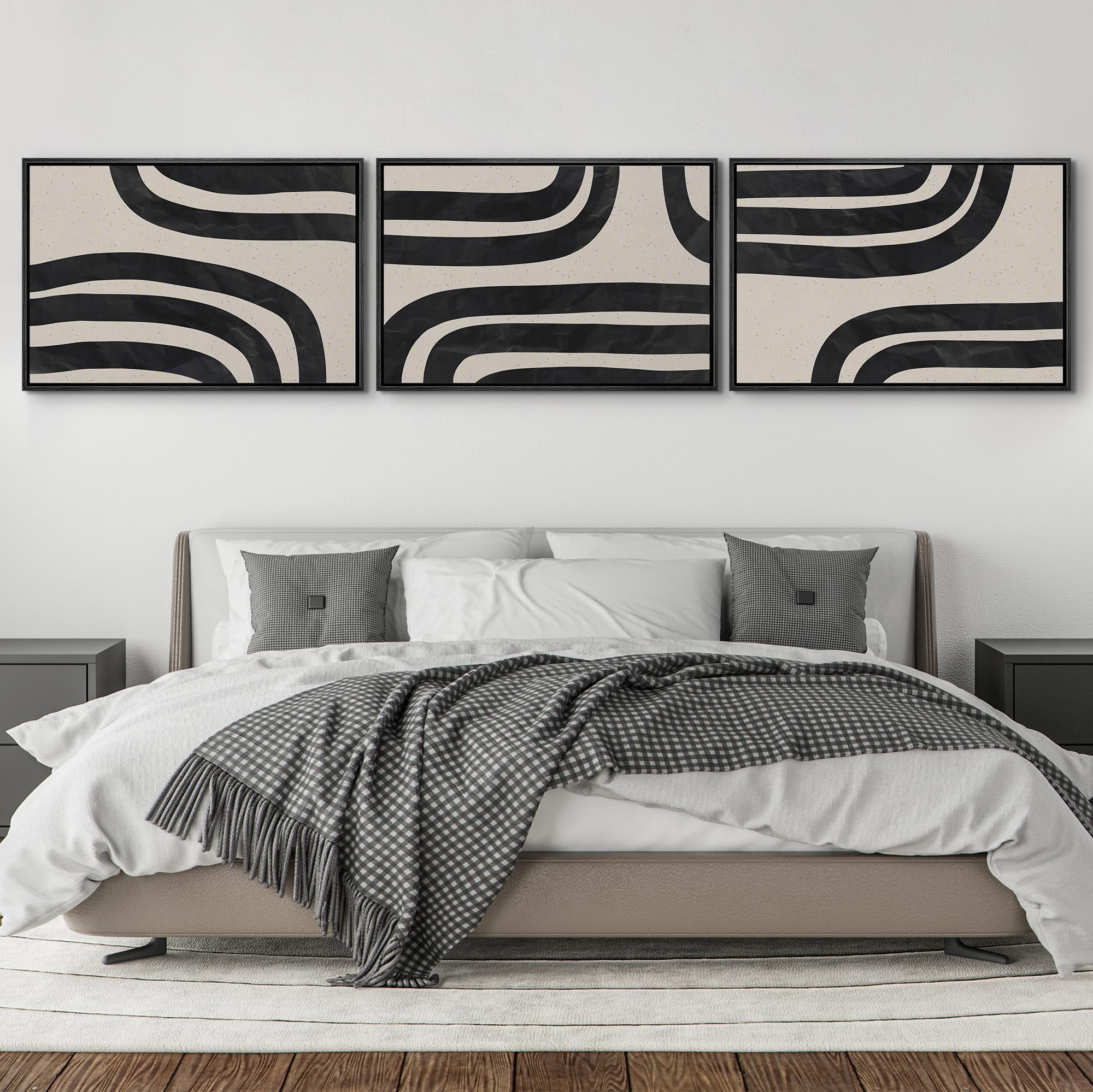 IDEA4WALL Framed Canvas Print Wall Art Set of 3 Abstract Black & Tan ...