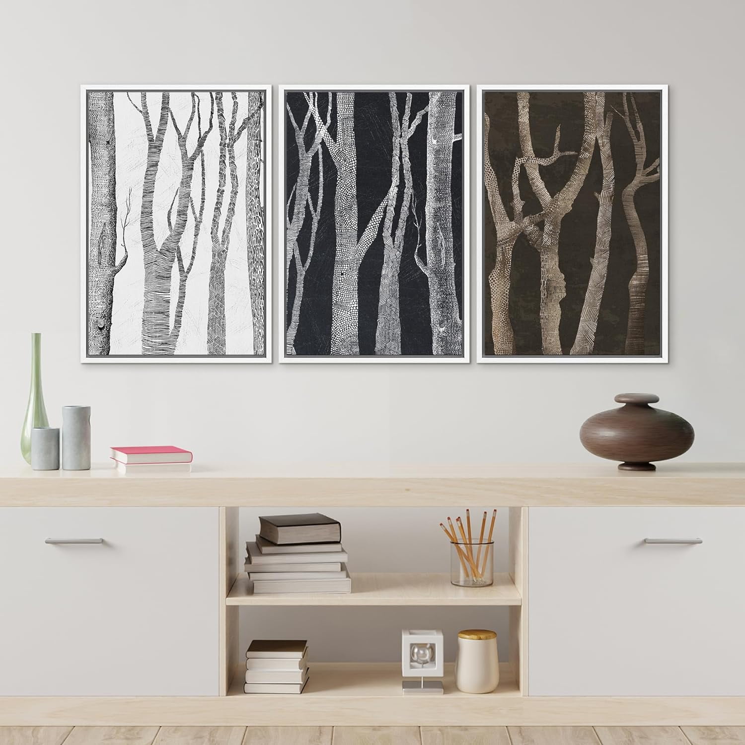 IDEA4WALL Framed Canvas Print Wall Art Set of 3 Birch Trees Nature Tree ...