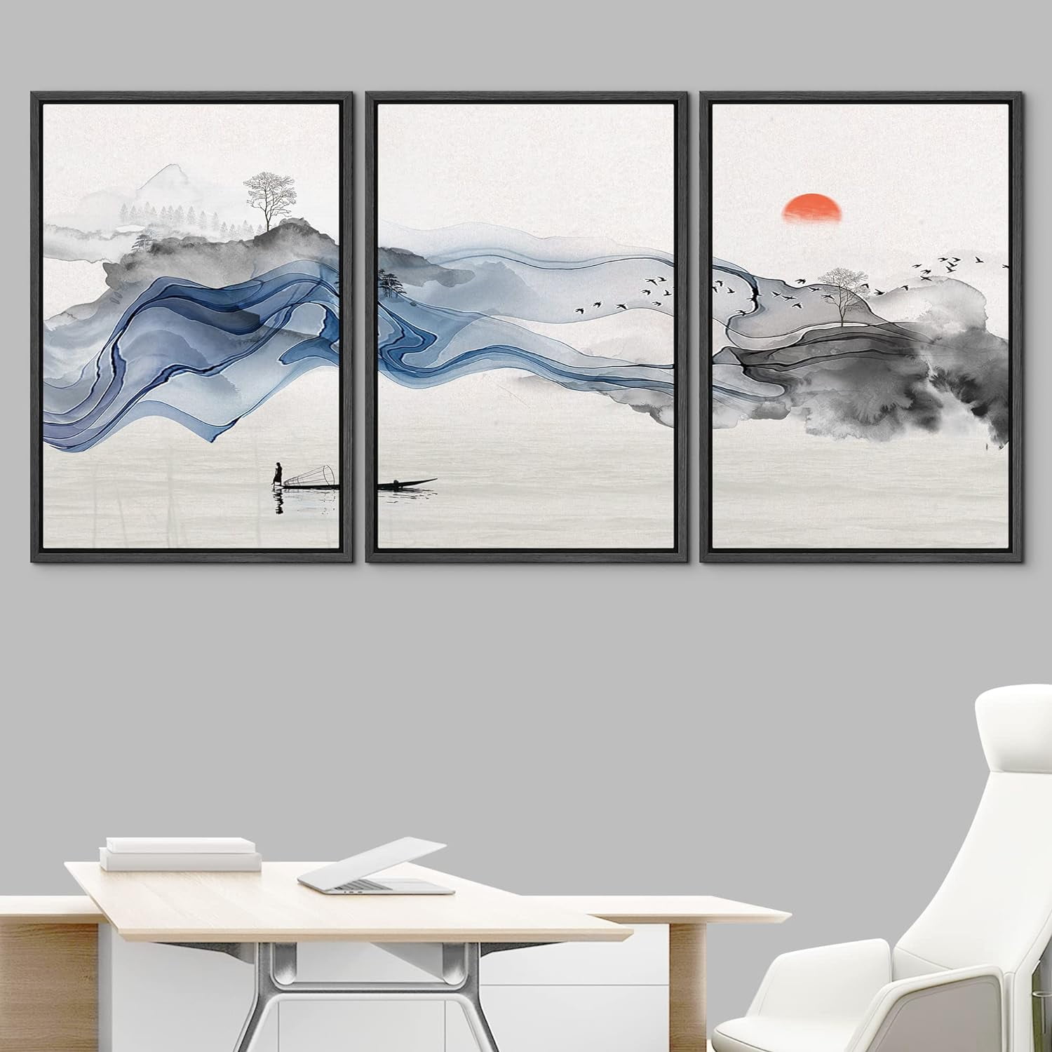 IDEA4WALL Framed Canvas Print Wall Art Set of 3 Blue & Dark Smoke Over ...