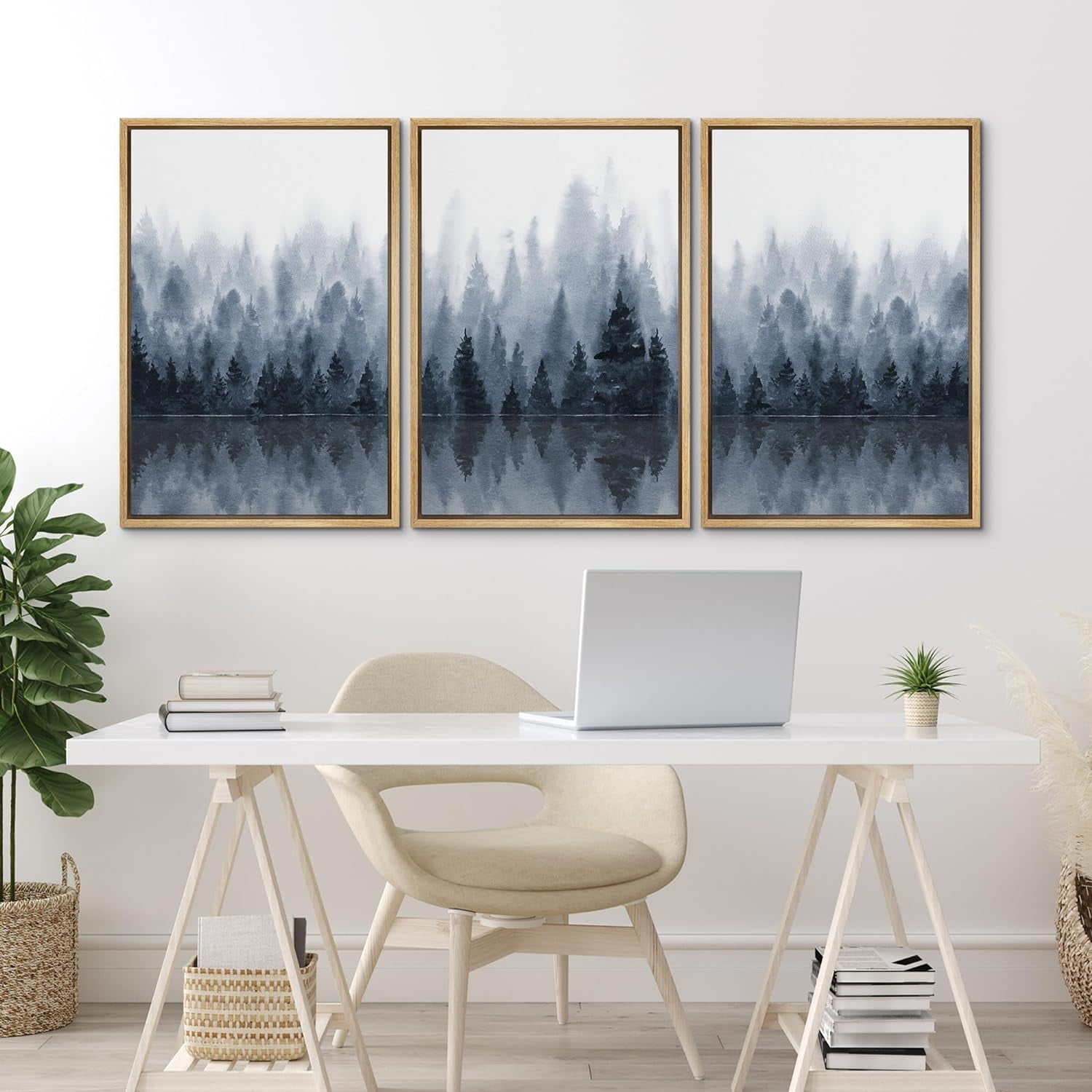 IDEA4WALL Framed Canvas Print Wall Art Set of 3 Blue Forest Pine Tree ...