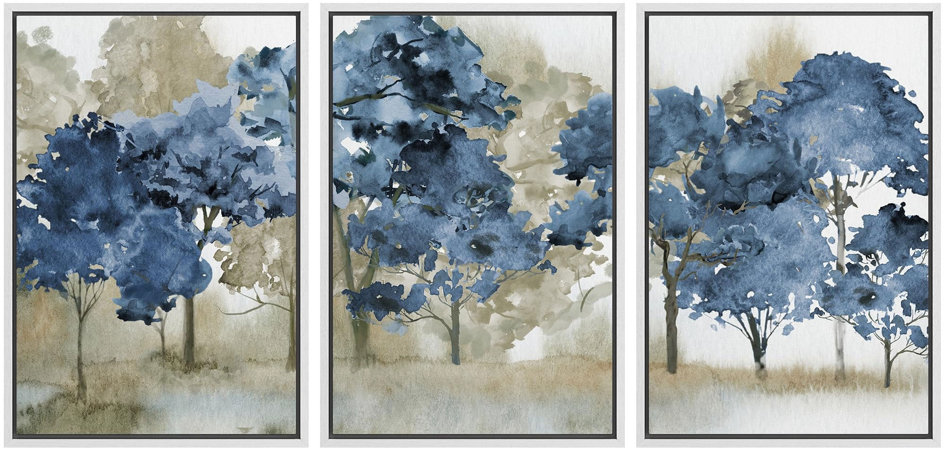 IDEA4WALL Framed Canvas Print Wall Art Set of 3 Blue Tree Landscape ...
