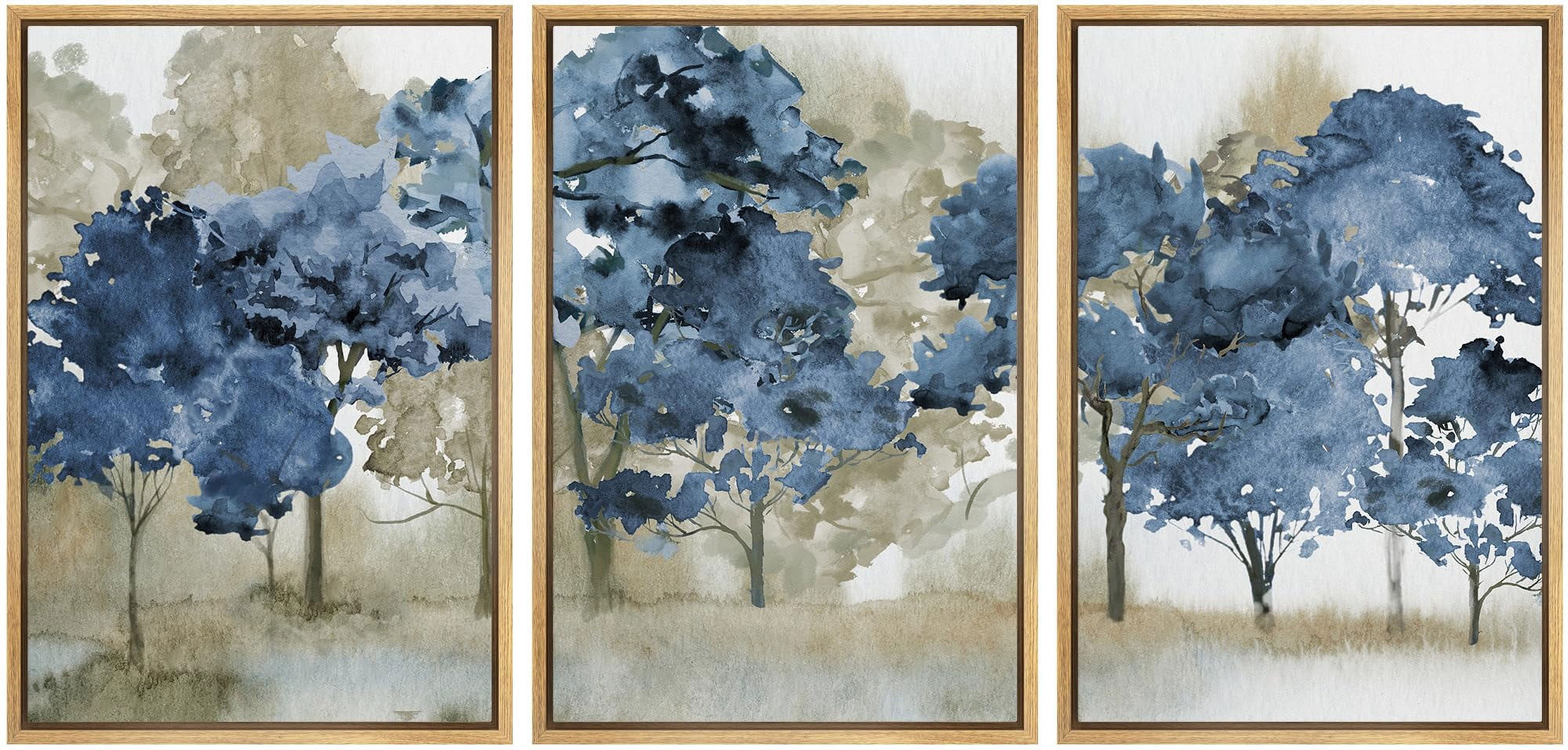 IDEA4WALL Framed Canvas Print Wall Art Set of 3 Blue Tree Landscape Nature Wilderness Watercolor ...